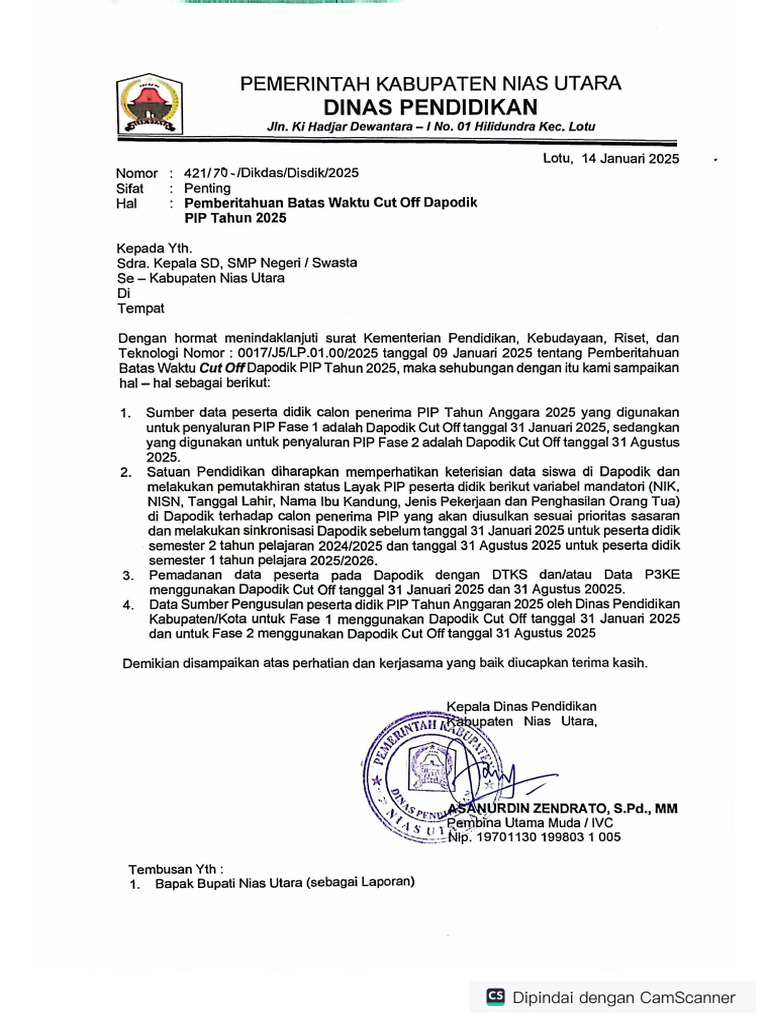 Pemberitahuan Batas Cut Off Dapodik PIP 2025 | PDF