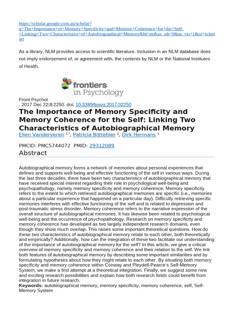 Memory Specificity and Coherence in Self | PDF | Memory | Psychological ...