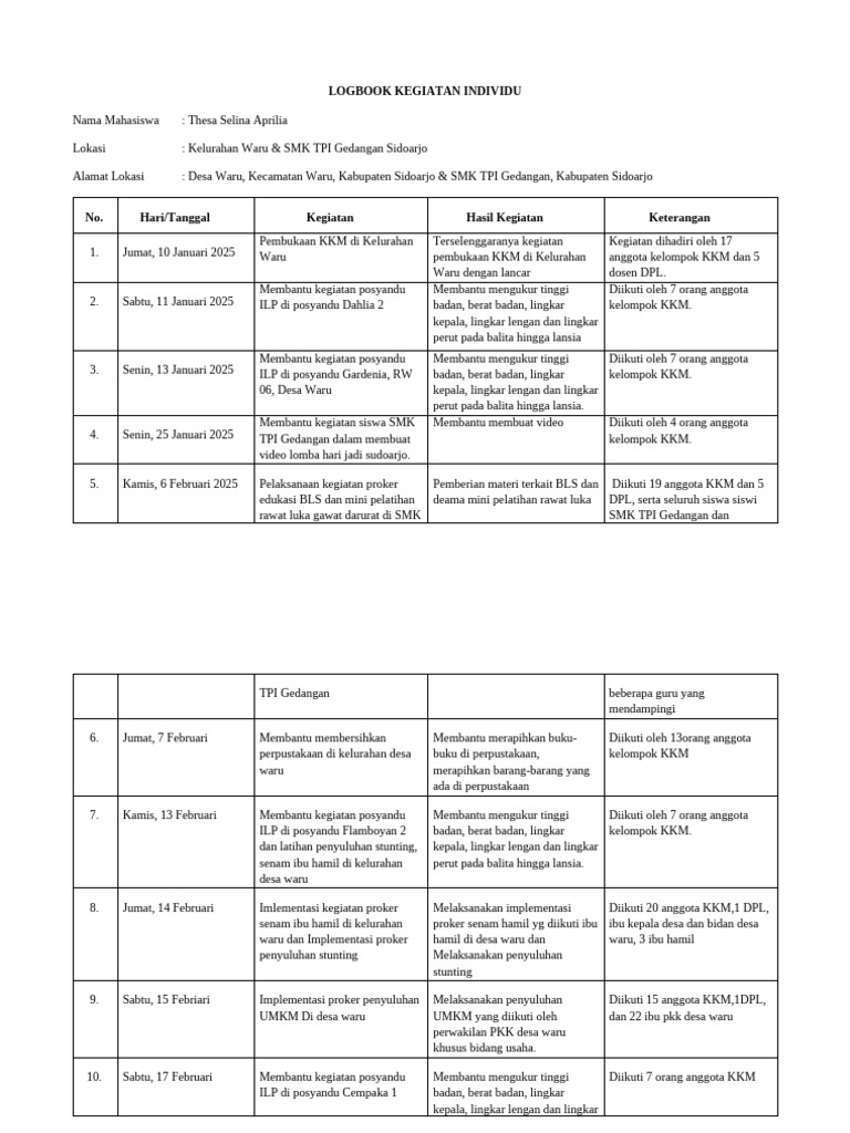 Logbook Kegiatan Individu Contoh | PDF