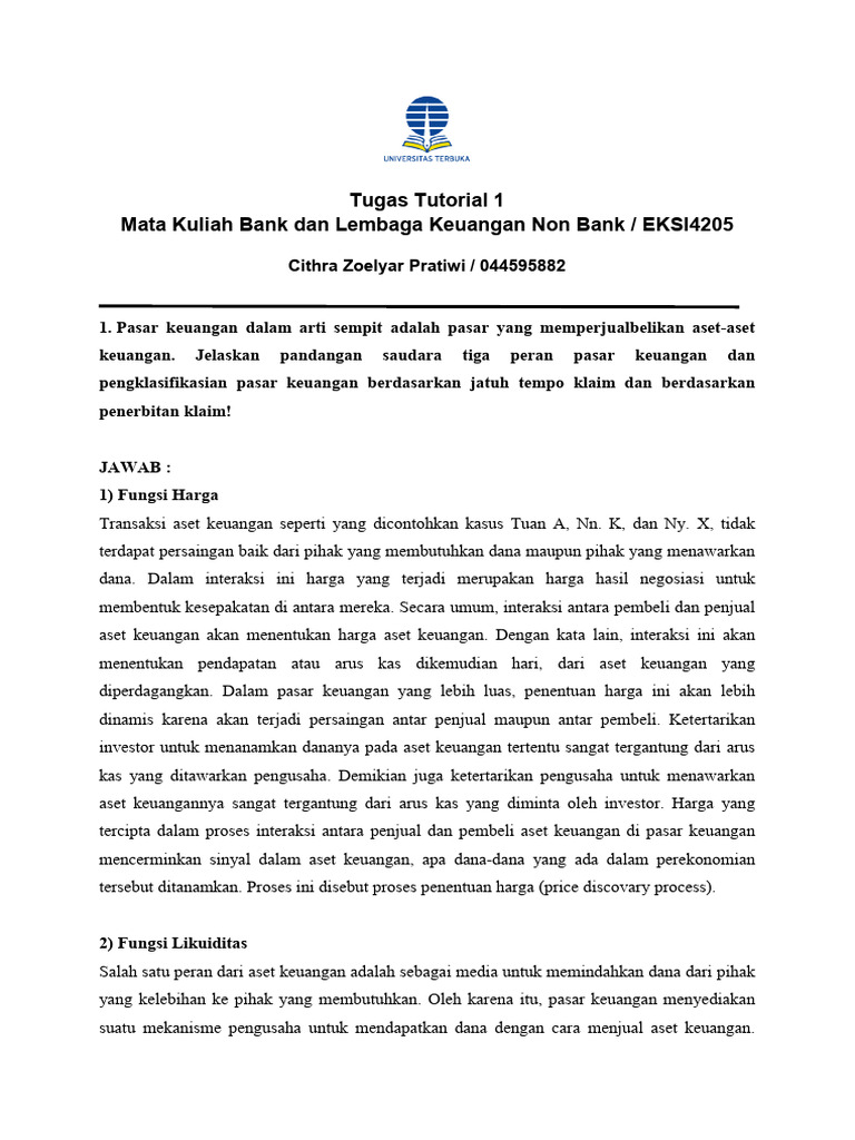 TUGAS 1 - Bank Dan Lembaga Keuangan Non Bank - EKSI4205 | PDF
