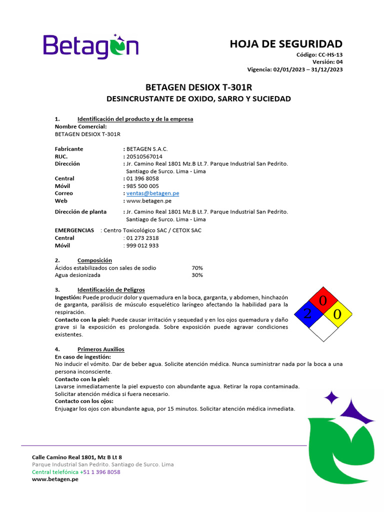 Hojas MSDS - Desincrustante de Oxido, Sarro y Suciedad - Betagen | PDF | Agua | Quemar