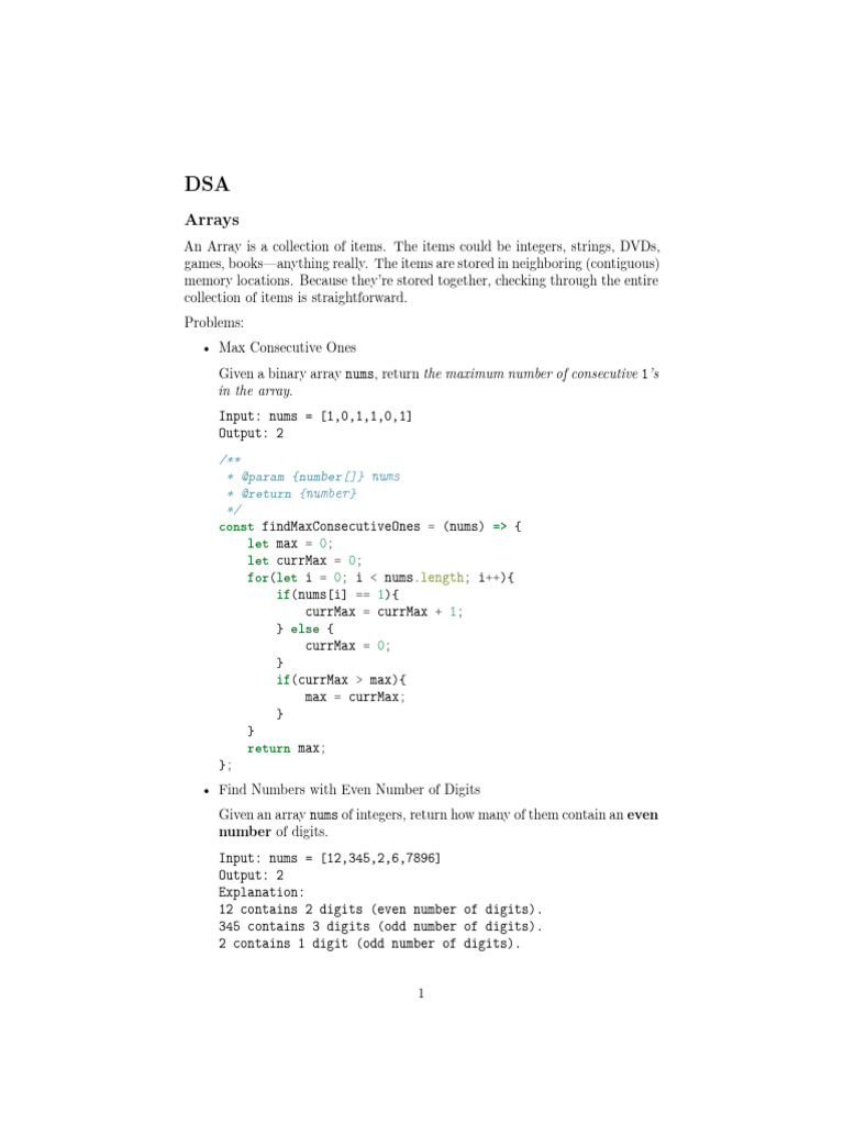 Array Problems: Max Consecutive Ones & Even Digits | PDF