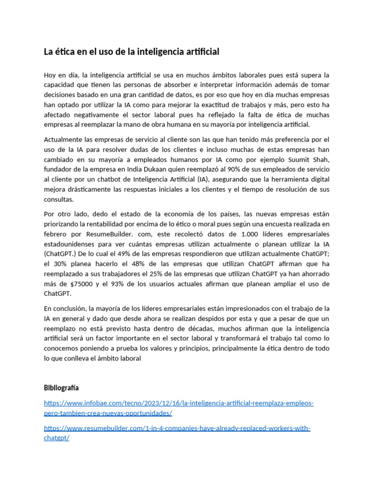 La Ética en El Uso de La Inteligencia Artificial Ensayo JOSEBETH AVILA | PDF | Inteligencia ...