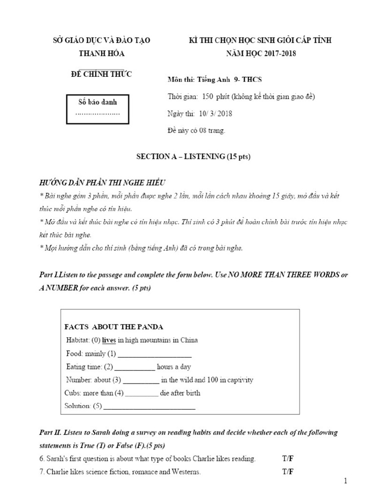 De Thi HSG Anh 9 Thanh Hoa 2017 2018docx - 1600 - PDF - Gdrive.vip | PDF