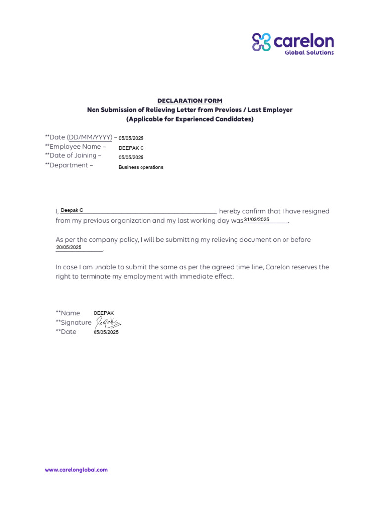 Non-Submission of Relieving Letter - IND - POL - 0.2 | PDF