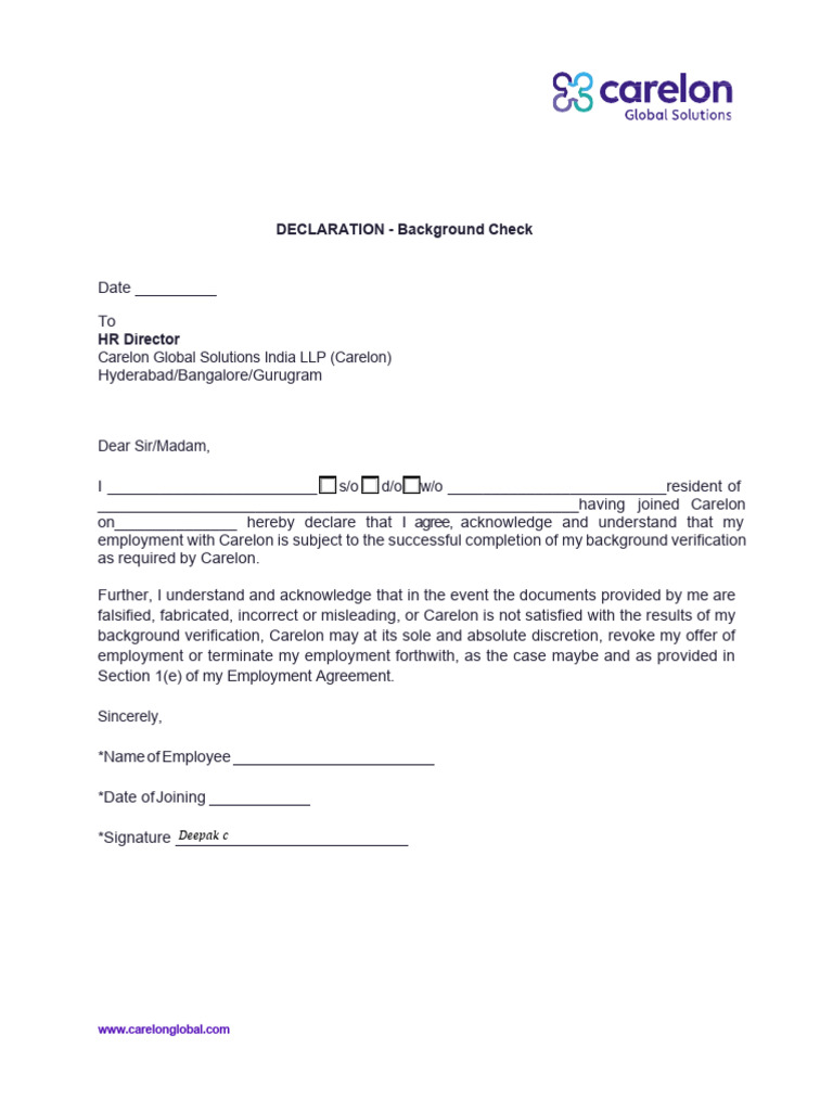 DECLARATION - Background Check | PDF | Background Check | Justice