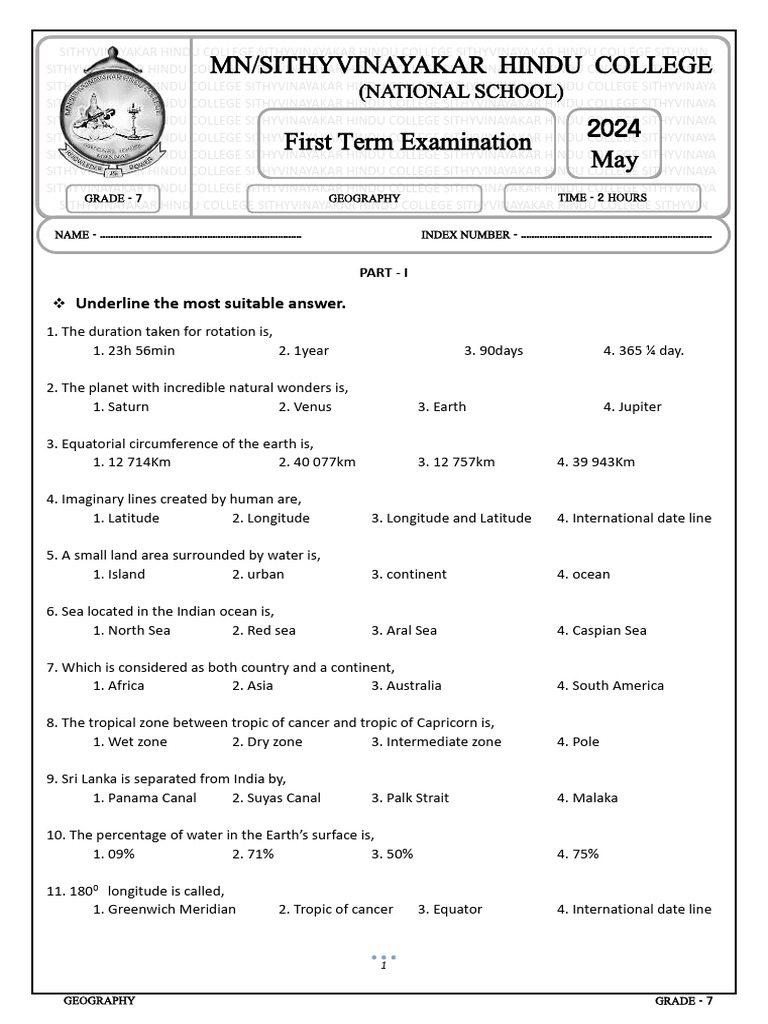 Grade - 7 Geography Final Exam Paper English Medium | PDF | Oceans ...