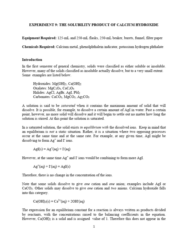 09 - Solubility Product Calcium Hydroxide | PDF | Hydroxide | Solubility