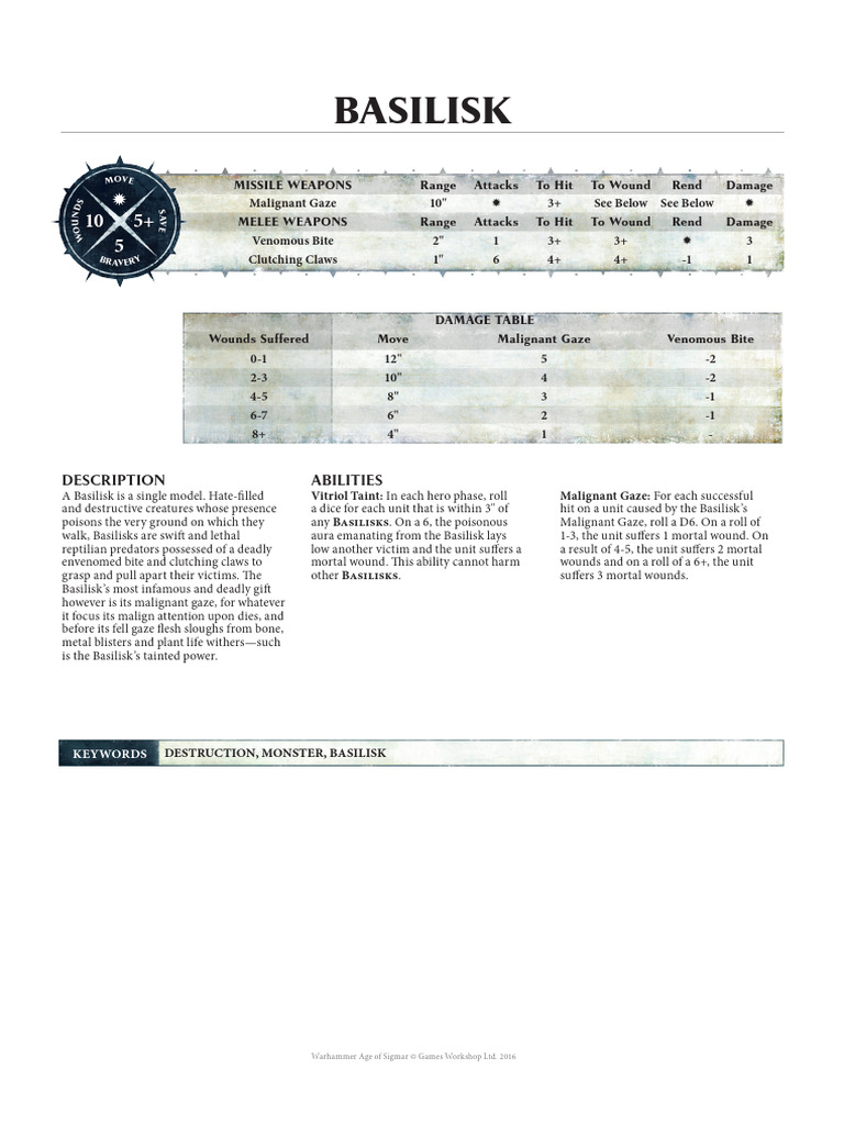 Warhammer Age of Sigmar - Warscroll Basilisk | PDF
