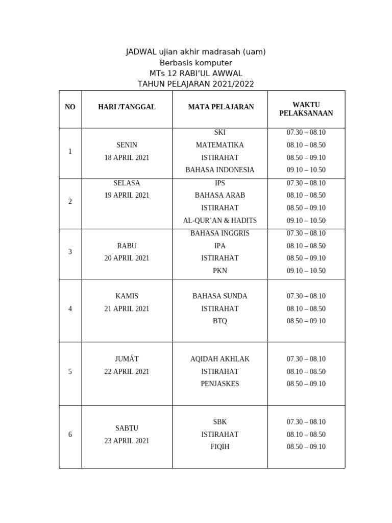 Jadwal UAM MTs 2021/2022 Komputer | PDF