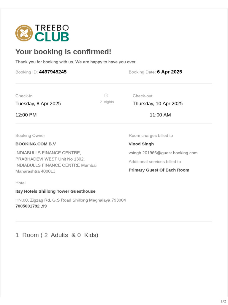 Your Booking Is Confirmed!: 1 Room (2 Adults & 0 Kids) | PDF