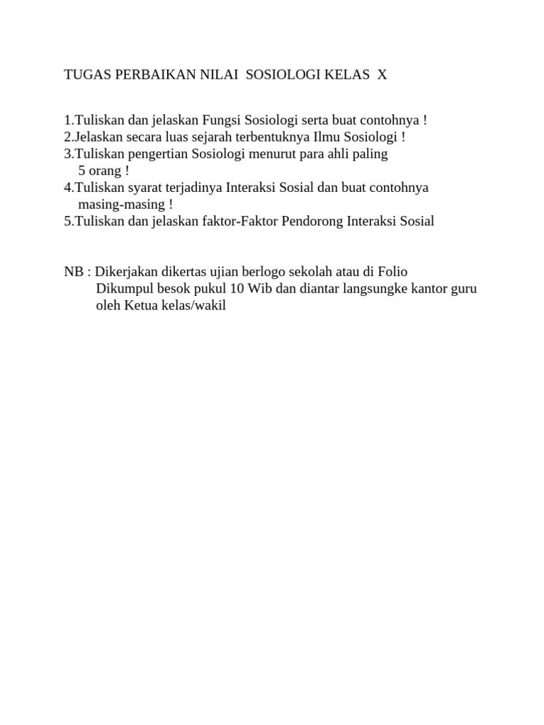 Tugas Perbaikan Nilai Sosiologi Kelas x | PDF