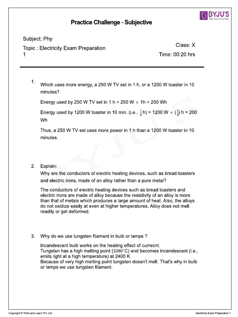 CBSE Class 10 Term 2 Electricity Subjective Solutions | PDF