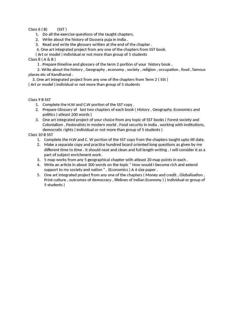 SST (Holidays' Homework) | PDF