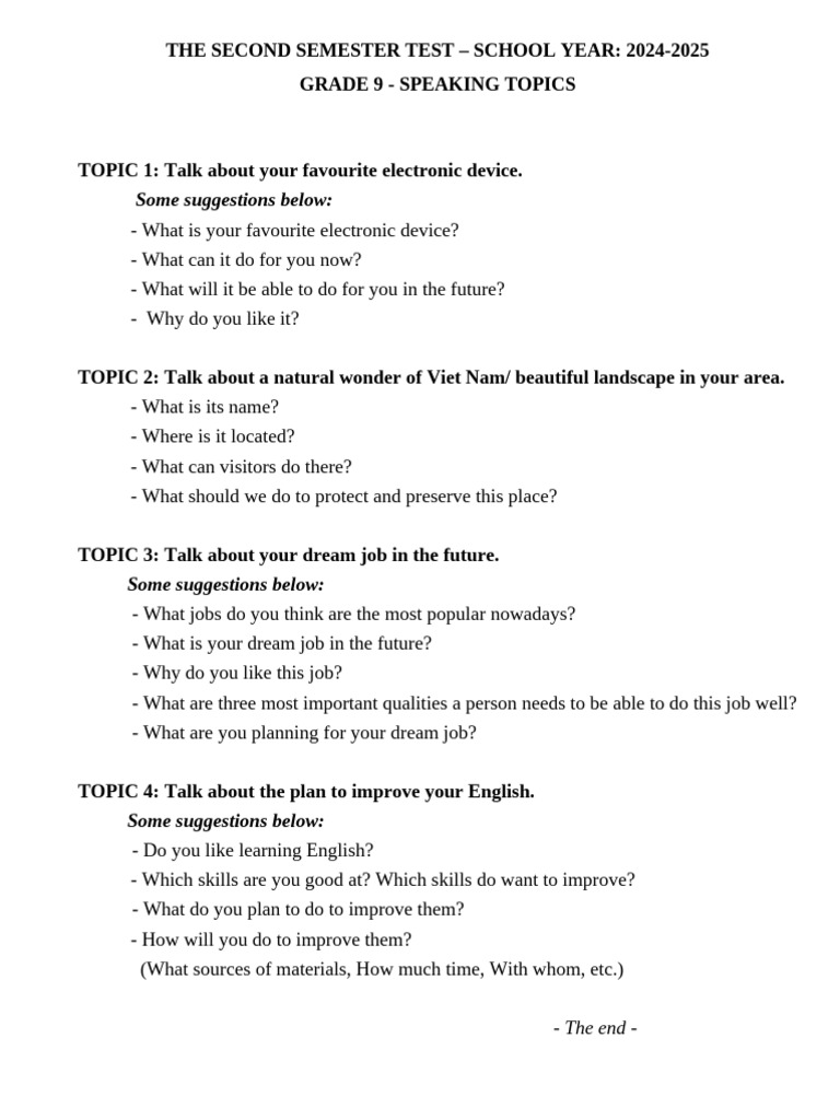 Grade 9 Speaking Topics Overview | PDF