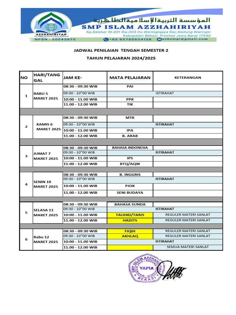 Jadwal Pts SMP 2025 Update | PDF