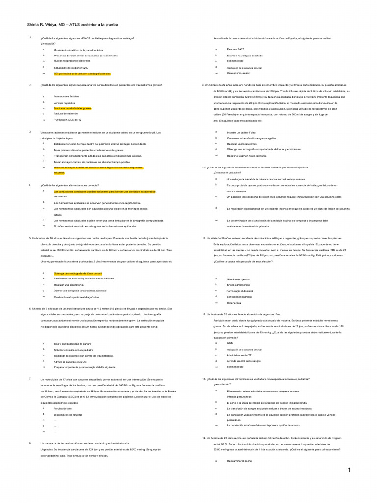Post Test Atls | PDF | Tórax | Reanimación cardiopulmonar