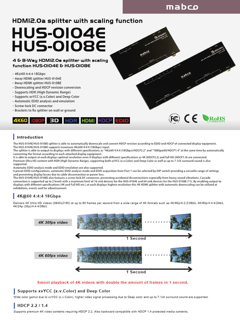 Brochure Adtechno HUS-0104E - HUS-0108E Splitter | PDF | Hdmi | Video