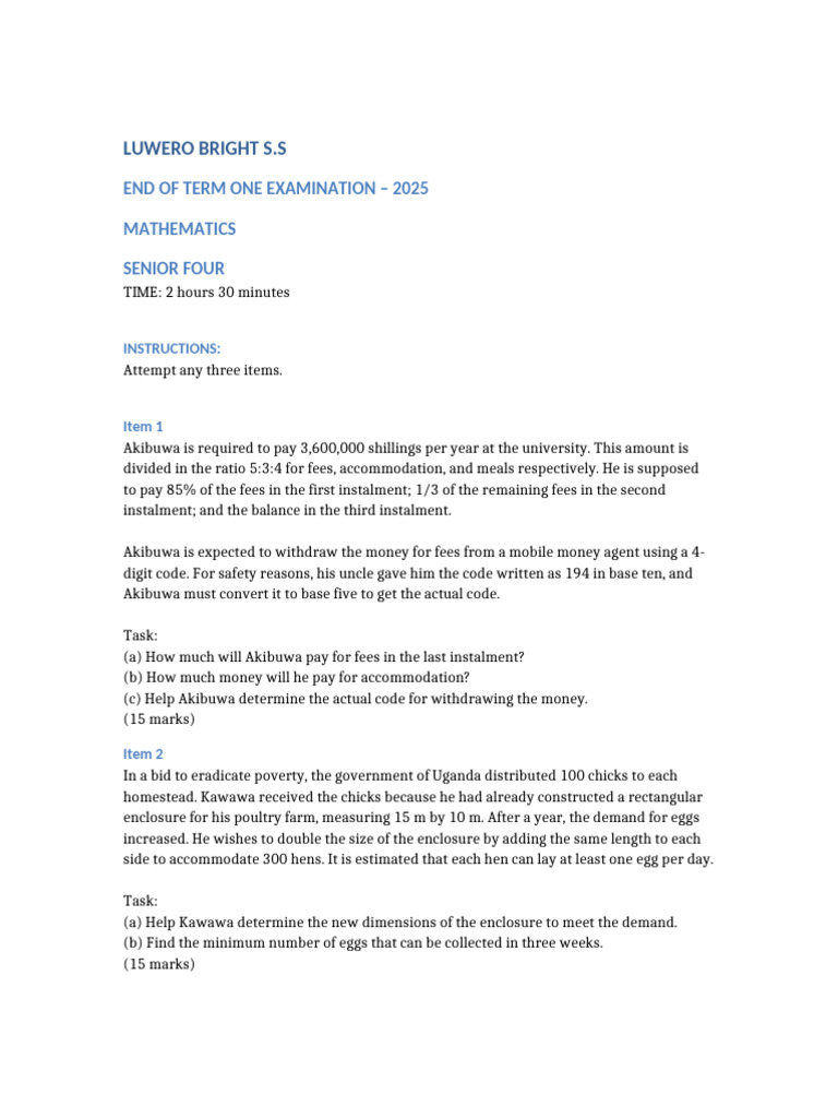 Senior Four Mathematics Exam Term1 2025 | PDF | Interest