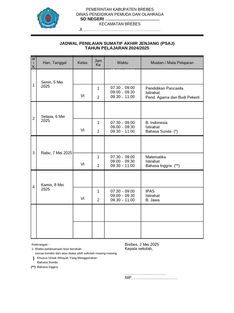 Jadwal PSAJ TULIS 2024 2025 Kec. Brebes | PDF