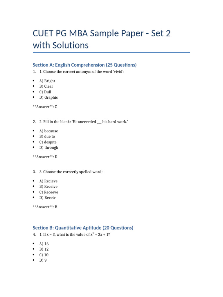 CUET PG MBA Sample Paper Set2 With Solutions | PDF