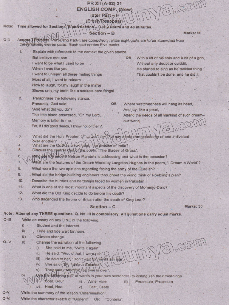 Past Paper 12th Class English Paper 1 Peshawar Board Subjective 2021 | PDF