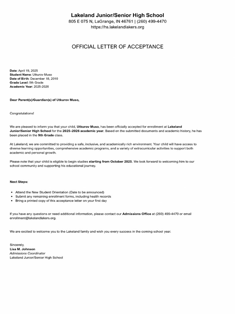 Letter of Acceptance | PDF