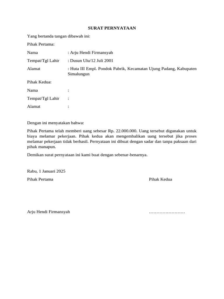 Surat Pernyataan Perjanjian Dua Pihak | PDF