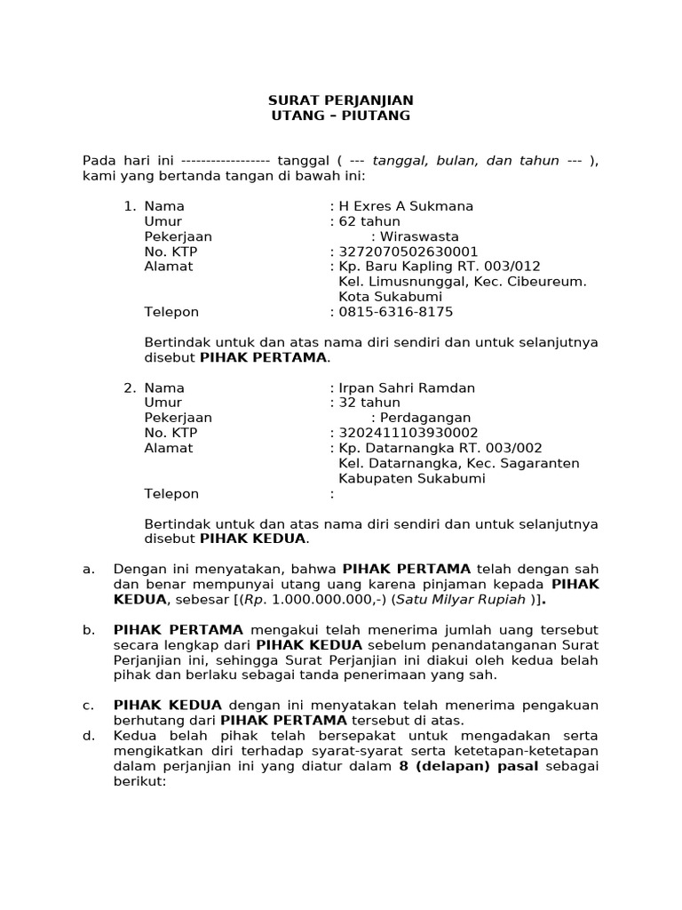 Contoh Surat Perjanjian Utang Piutang | PDF