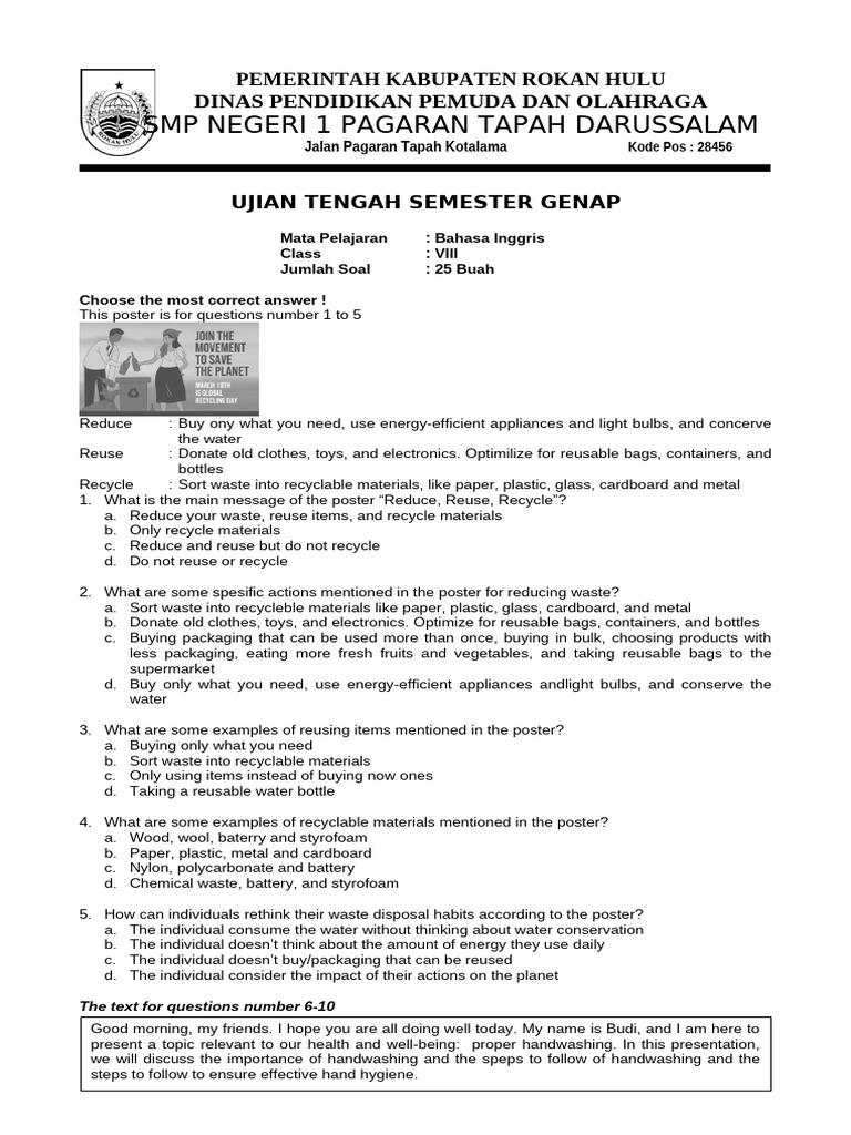 SOAL SEMESTER GENAP B.ING KLS 8 | PDF | Hand Washing | Waste