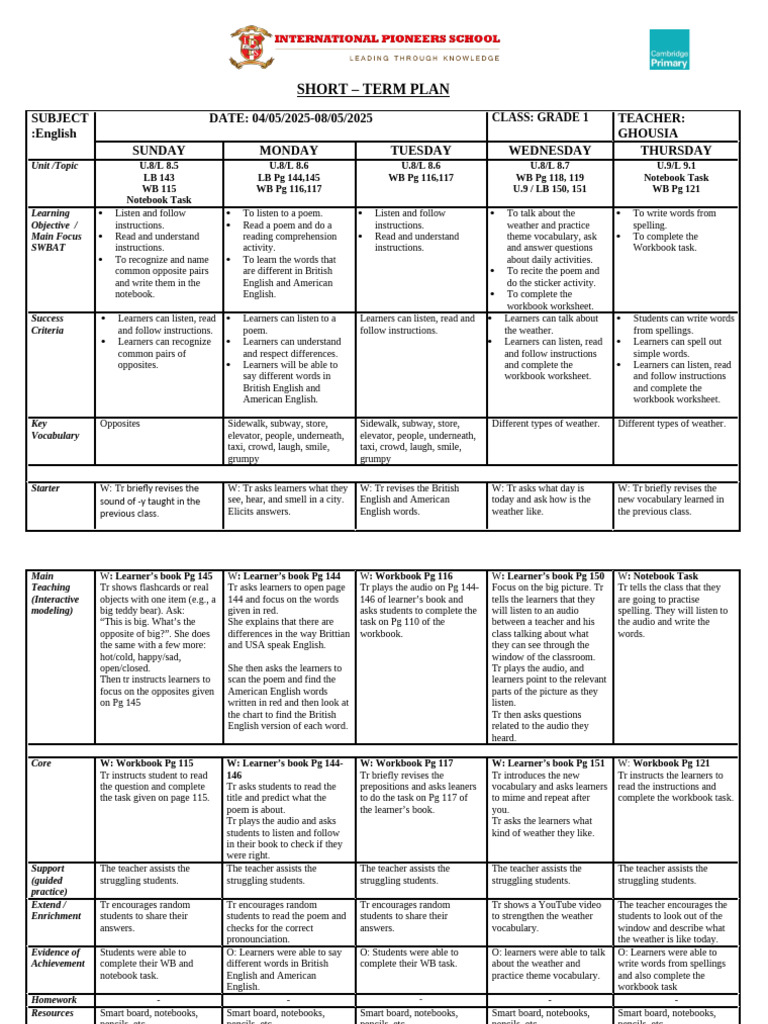 Grade 1 Weekly Lesson Plan 35th Week | PDF | Vocabulary | English Language