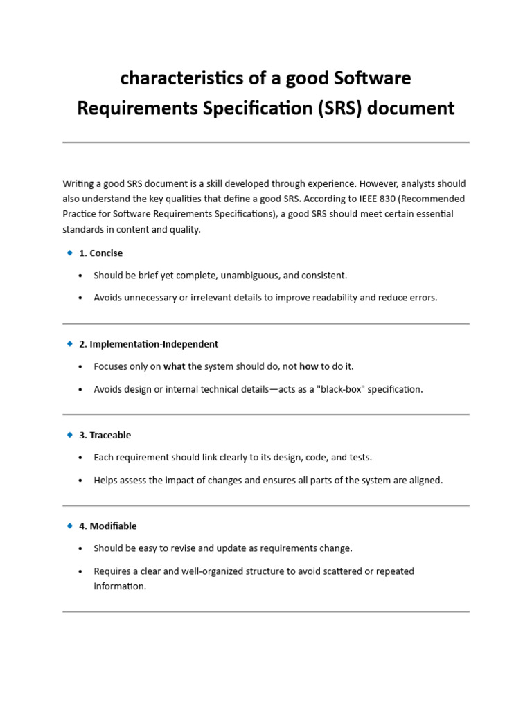 characteristics of a good Software Requirements Specification | PDF