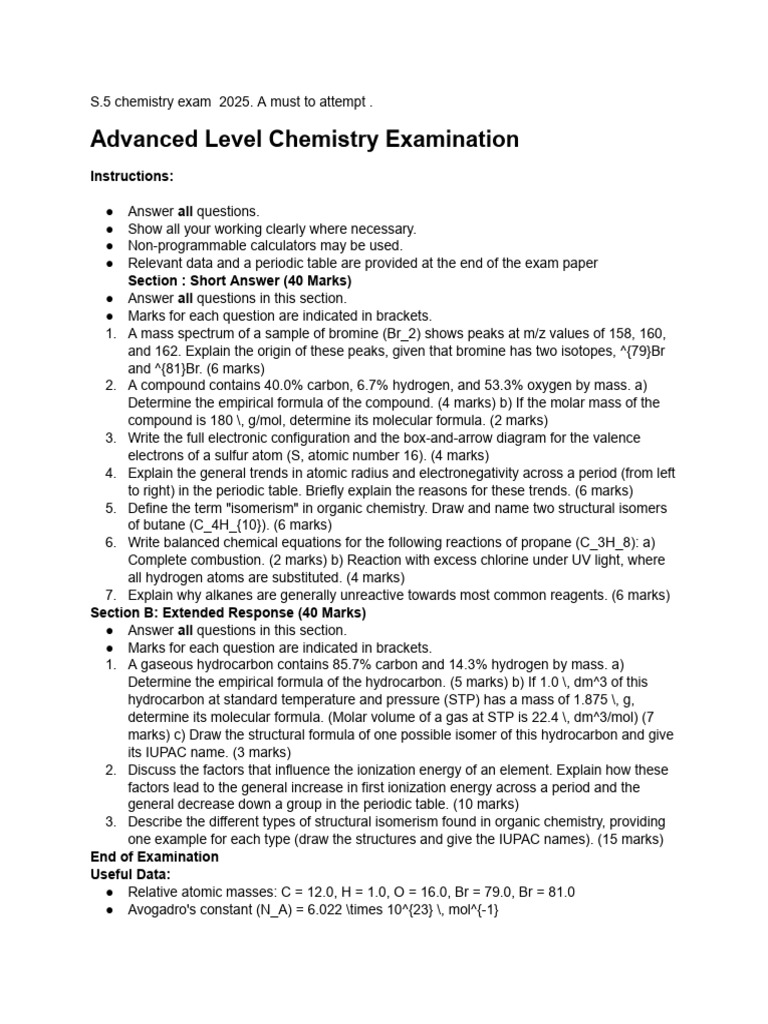 S.5 Chemistry Exam 2025 Guide | PDF | Isomer | Chemistry