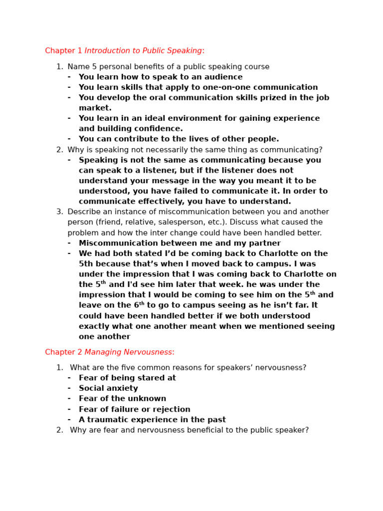 Public Speaking Chapter 1 and 2 Questions | PDF