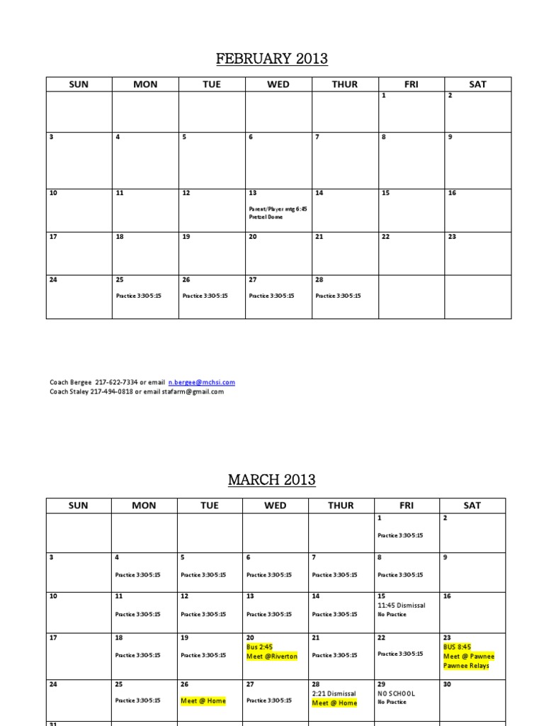2013 Practice Calendar | PDF