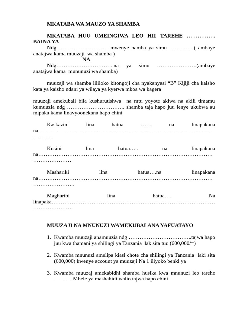 Mkataba Wa Mauzo Ya Shamba | PDF