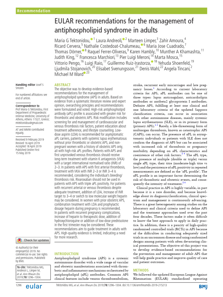 EULAR APLS 2019 Guideline | PDF | Thrombosis | Clinical Medicine