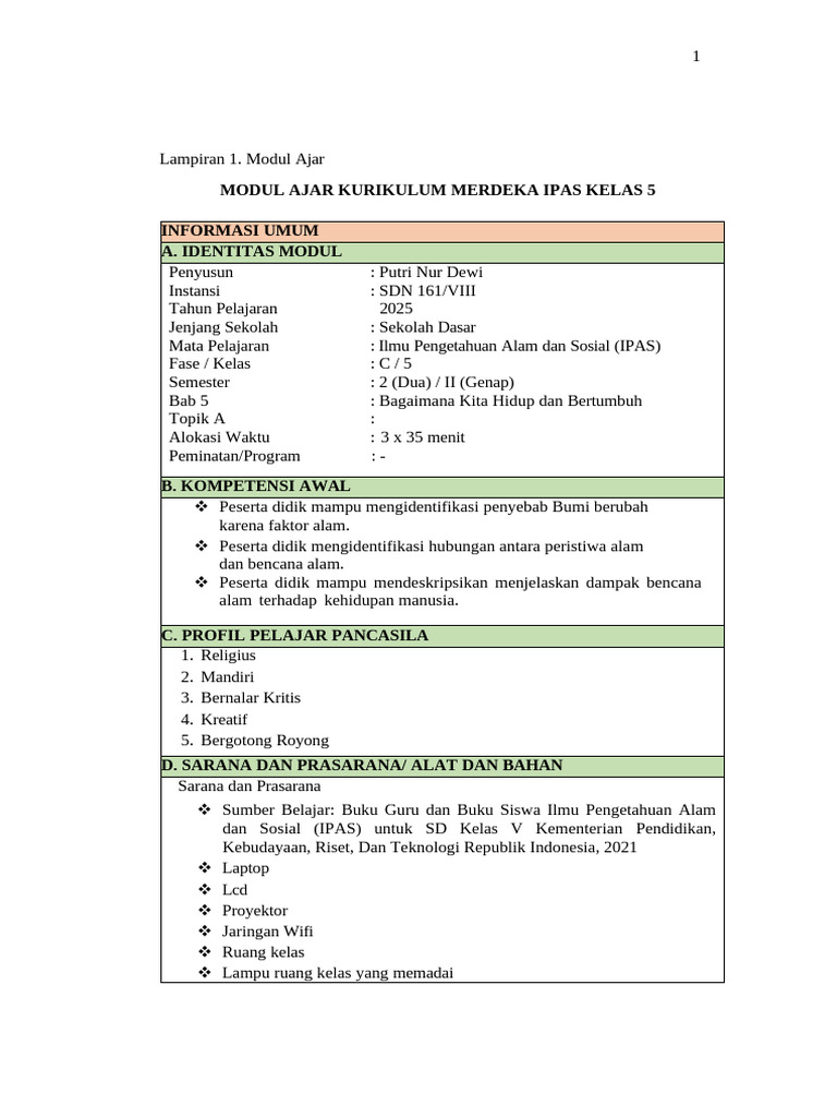 Modul Ajar Kelas 5 Besok | PDF