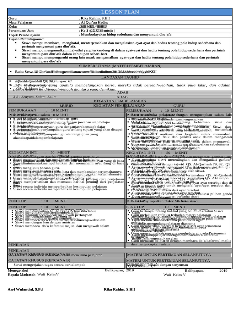 Lesson Plan Alquran Hadits Kelas XII | PDF