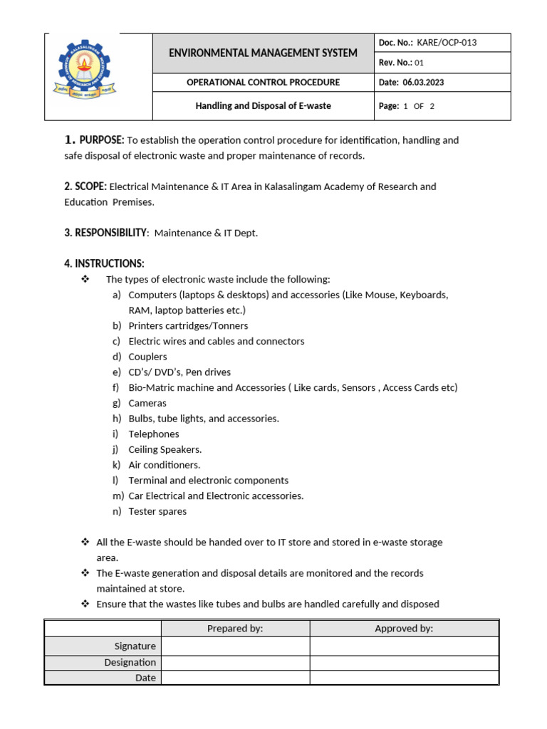 Ocp-013 Handling and Disposal of e Waste | PDF | Electronic Waste | Laptop