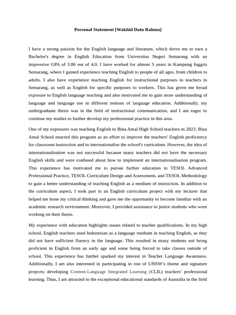 UNSW Personal Statement Wakhid Datu Rahma | PDF | English As A Second Or Foreign Language | Teachers