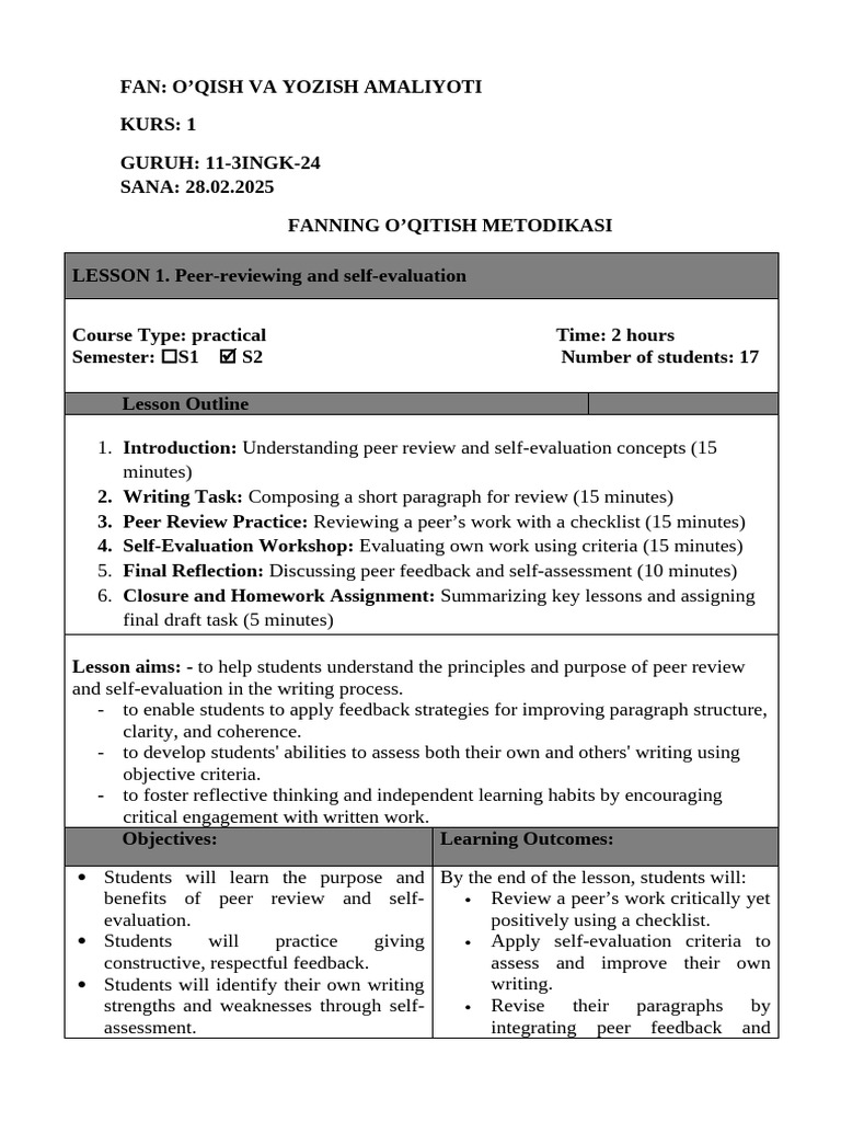Lesson Plan 11-3INGK-24. 21.02.2025 | PDF | Peer Review | Lesson Plan