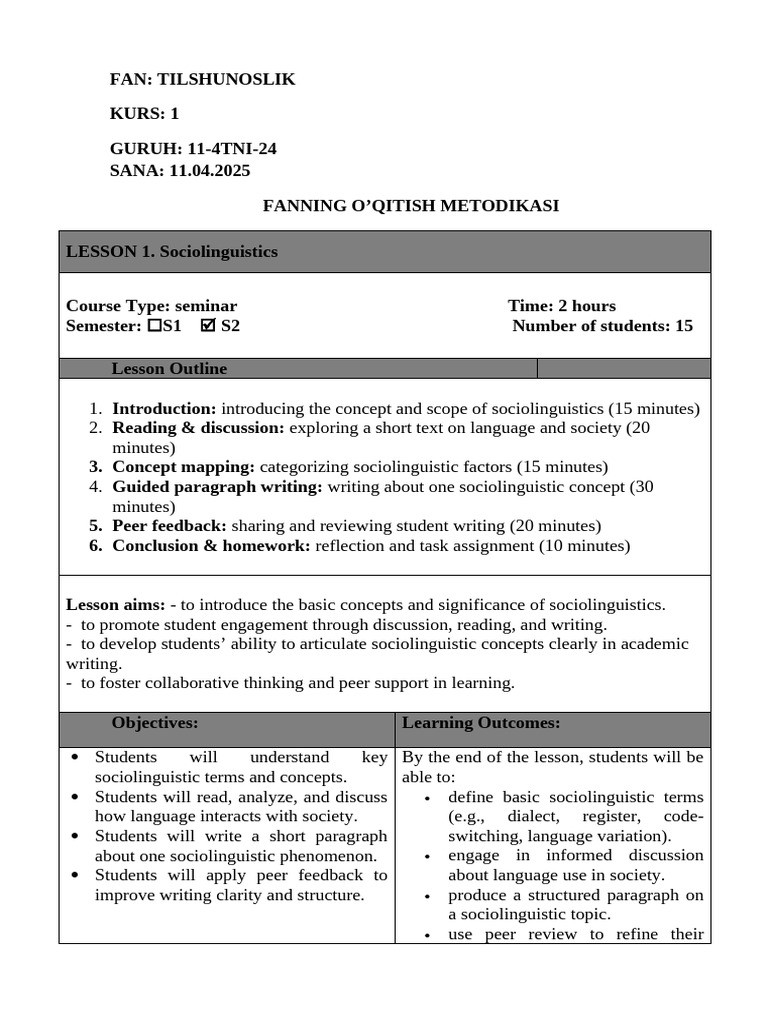 Sociolinguistics Lesson Plan Overview | PDF | Sociolinguistics ...
