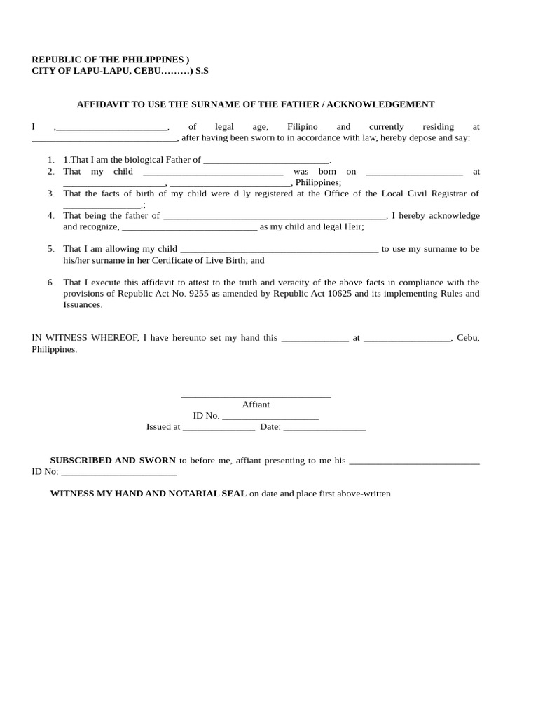 Affidavit To Use Surname of Father Template | PDF