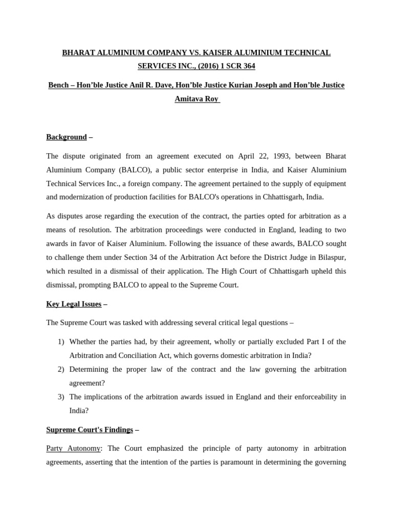 Bharat Aluminium Company VS Kaiser Aluminium | PDF | Arbitration | Justice