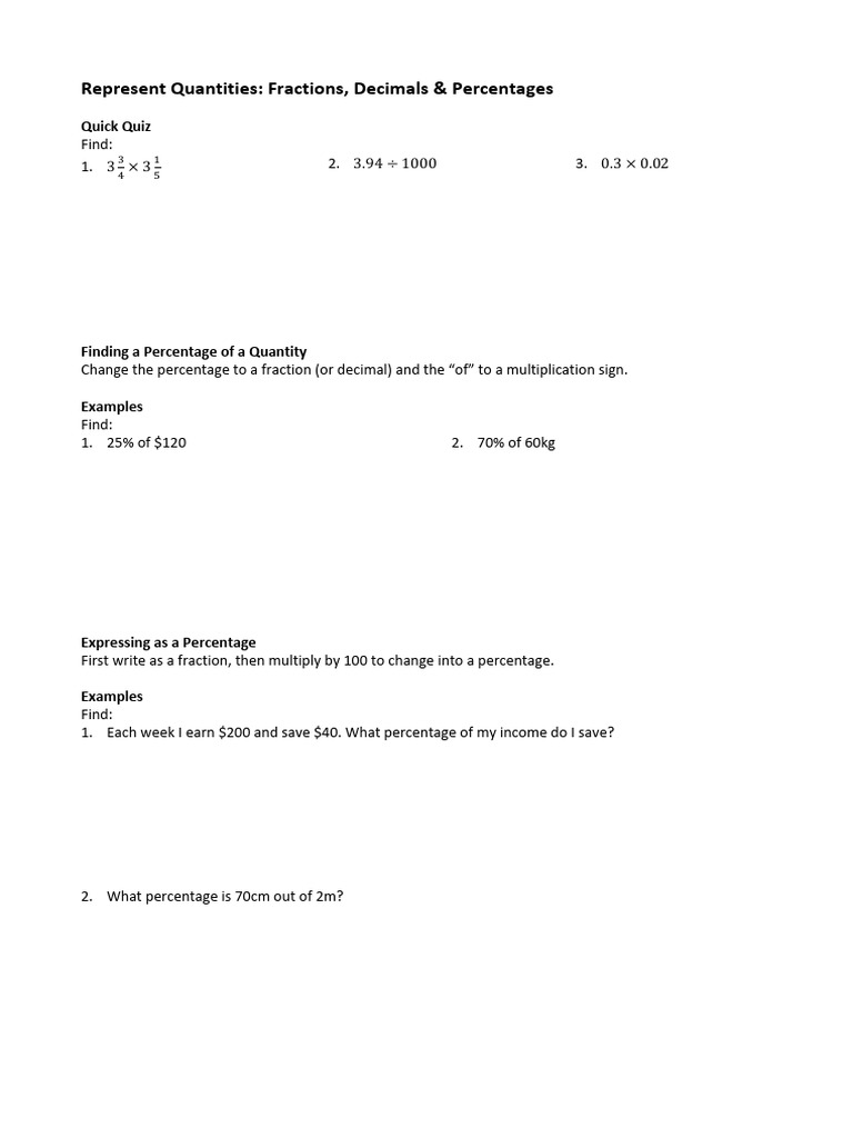 BLANK 2.11 Representing Quantities - Fractions, Decimals - Percentages ...