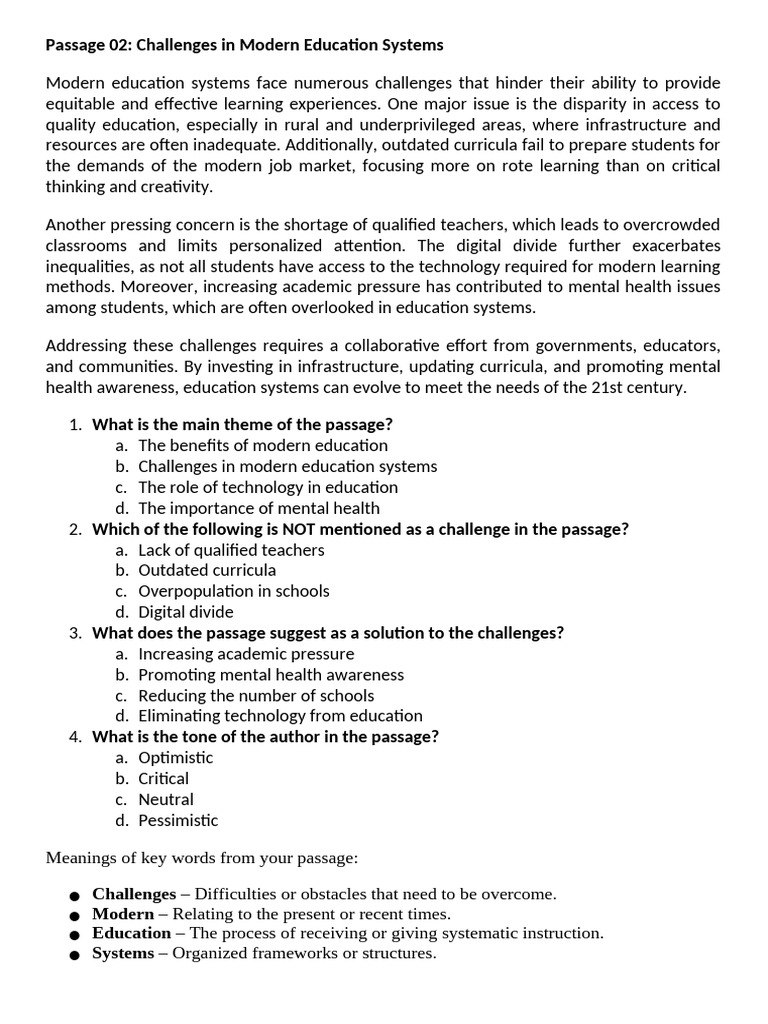 Passage 02 Challenges in Modern Education Systems | PDF | Learning ...
