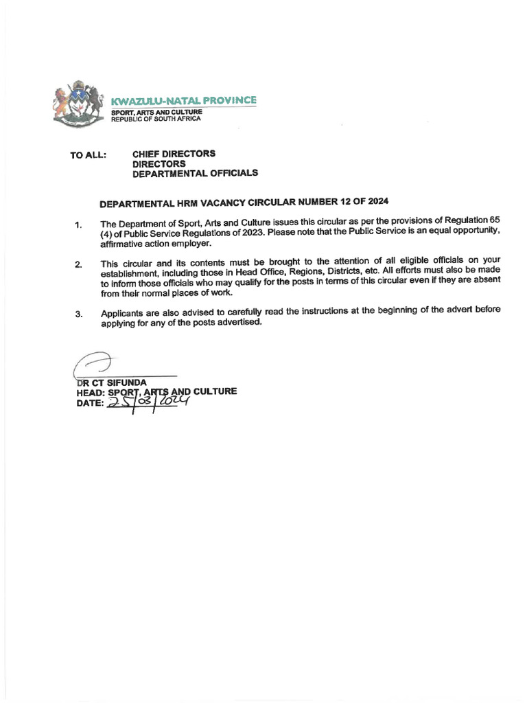 HRM Vacany Circular No. 12 of 2024 | PDF