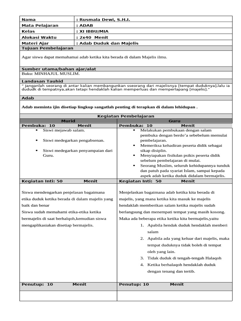 Lesson Plan Adab KLS Xi Mia, Ibbu Ii | PDF