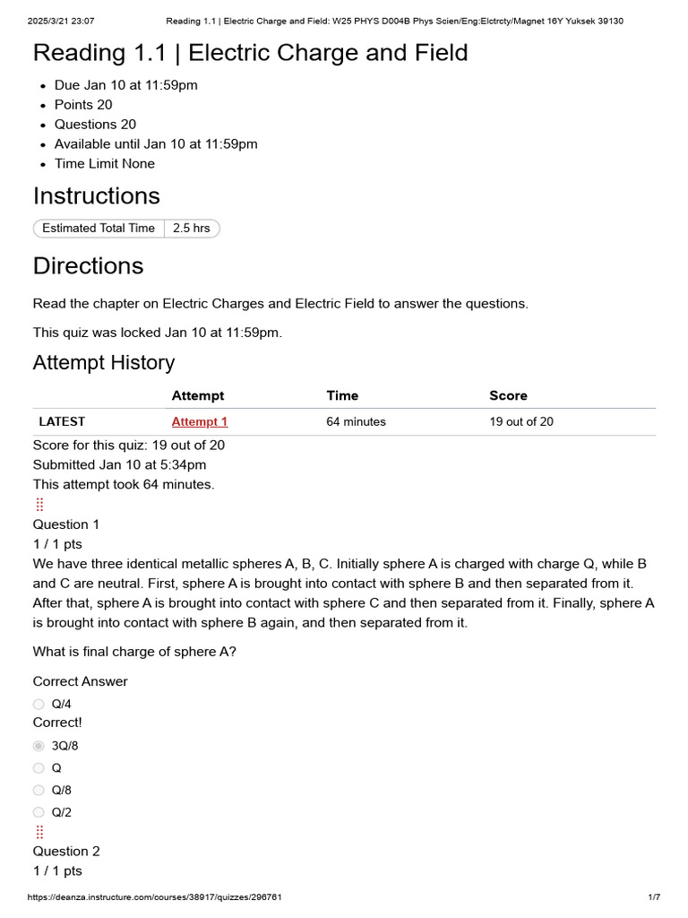 Reading 1.1 _ Electric Charge and Field_ W25 PHYS D004B Phys Scien_Eng ...